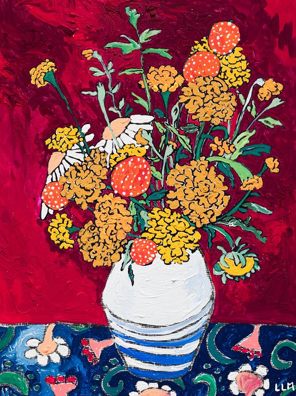 Golden Marigold Bouquet on Rich Jewel-Toned Purple in Striped Vase ...